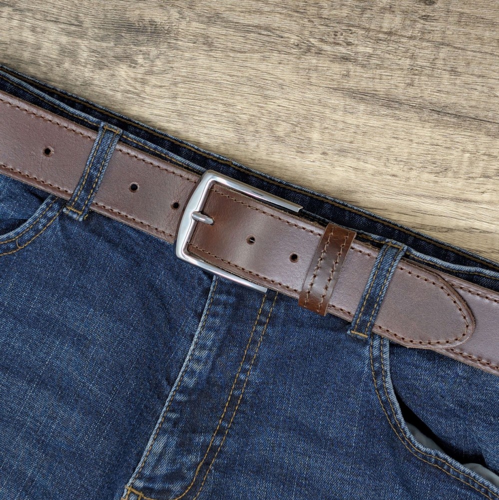40mm Edge Stitched Mens Real Leather Belt with Silver Buckle - Antique ...