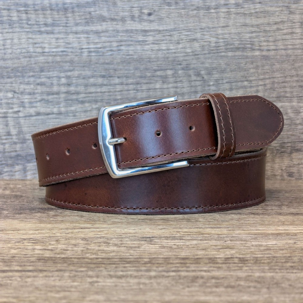 40mm Edge Stitched Mens Real Leather Belt with Silver Buckle - Antique ...