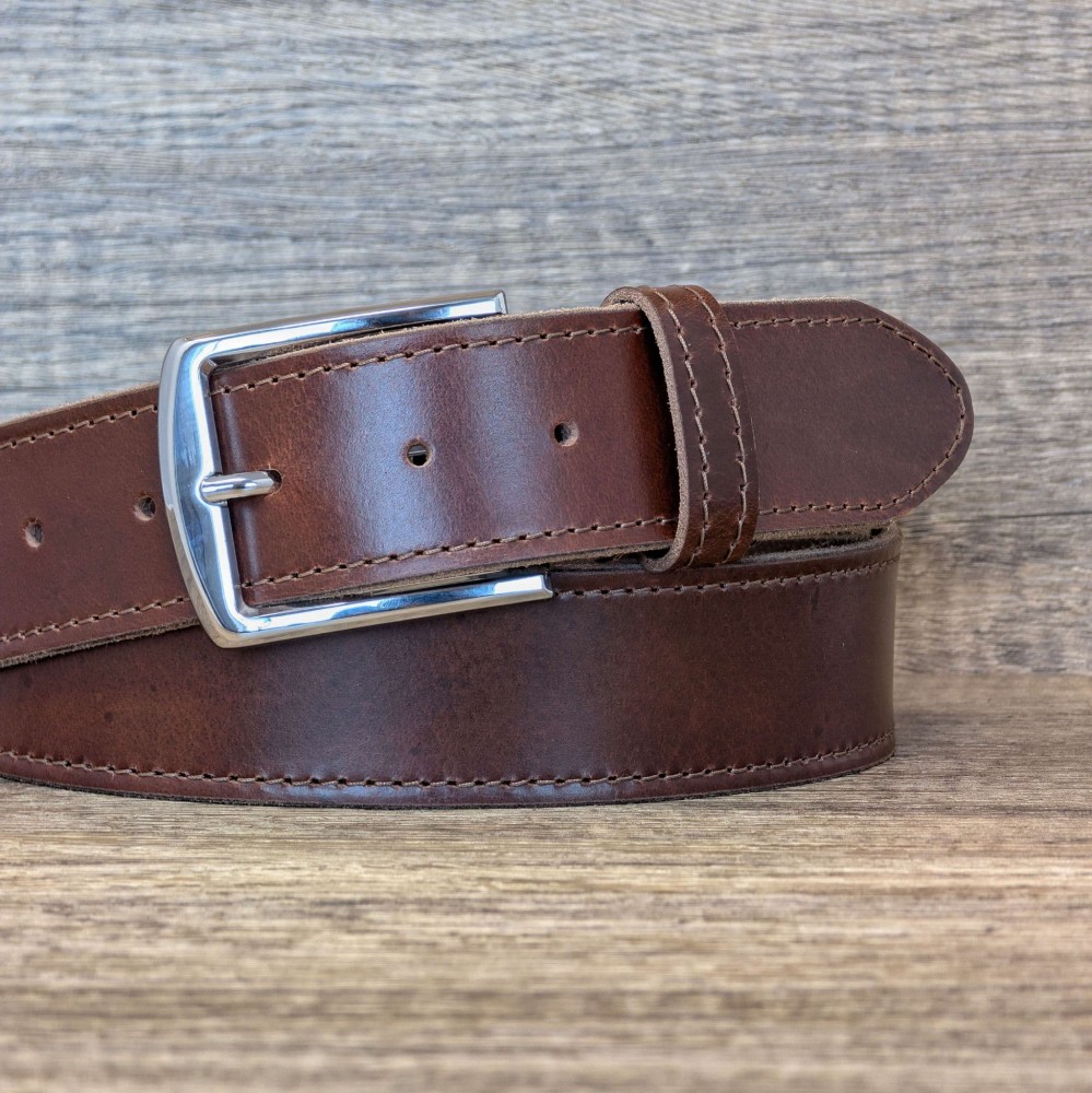 40mm Edge Stitched Mens Real Leather Belt with Silver Buckle - Antique ...