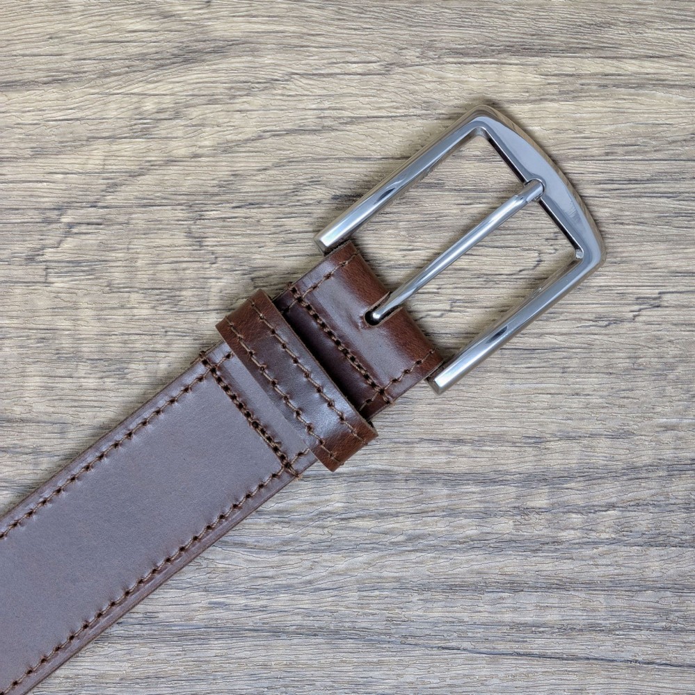 40mm Edge Stitched Mens Real Leather Belt with Silver Buckle - Antique ...