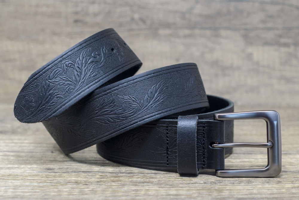 HLA - 40mm Floral Leaf Design Full Grain Real Leather Belt - Black ...