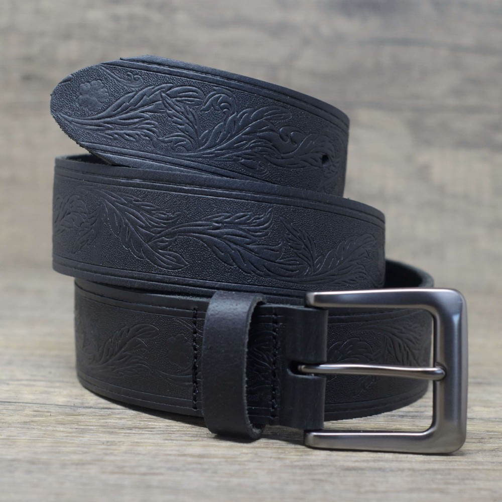 40mm Floral Leaf Design Full Grain Real Leather Belt - Black - Ashford ...