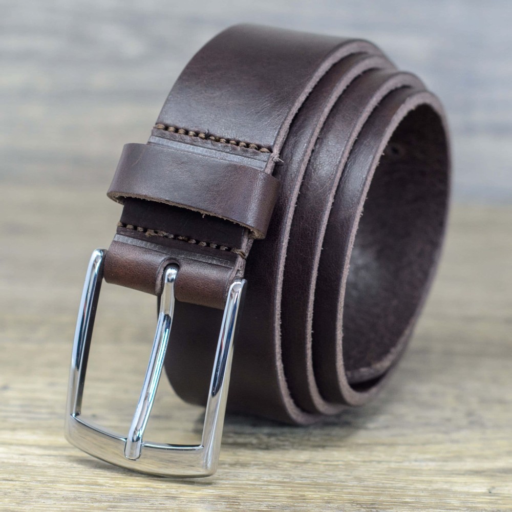 Italian 35mm Real Full Grain Leather Belt with Silver Buckle - Brown ...
