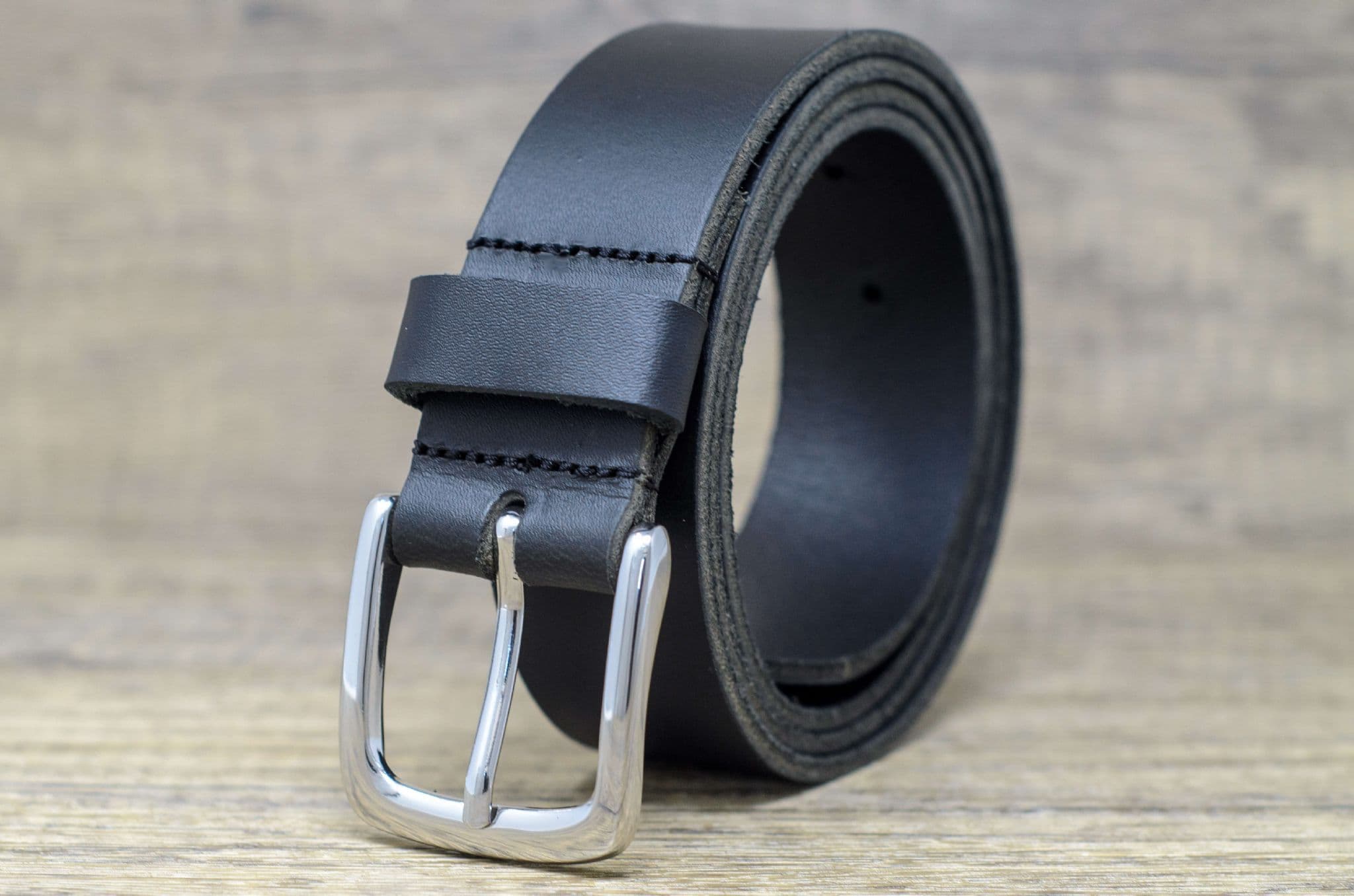 35mm Full Grain Real Leather Belt with Silver Rounded Buckle - Black ...