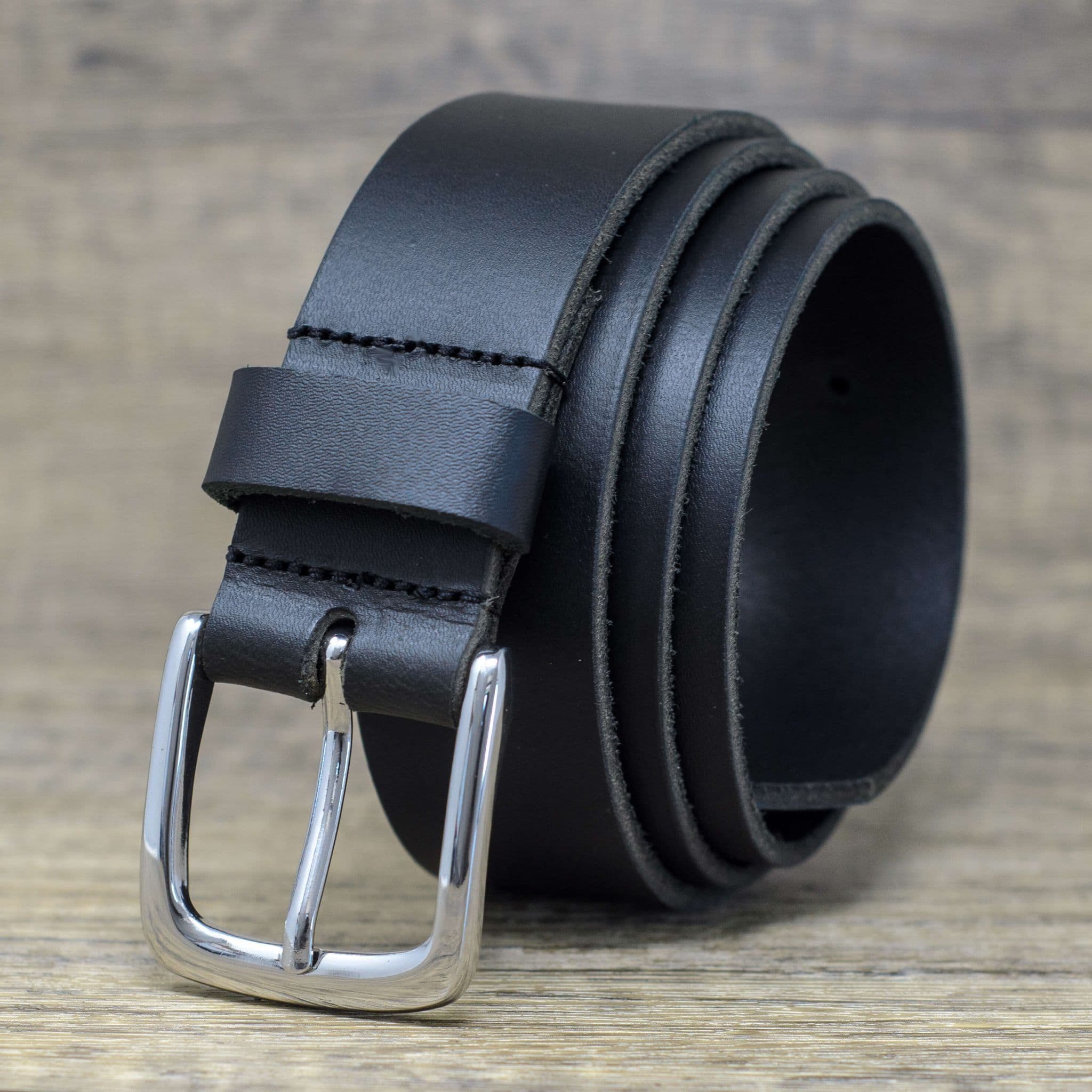 35mm Full Grain Real Leather Belt with Silver Rounded Buckle - Black ...