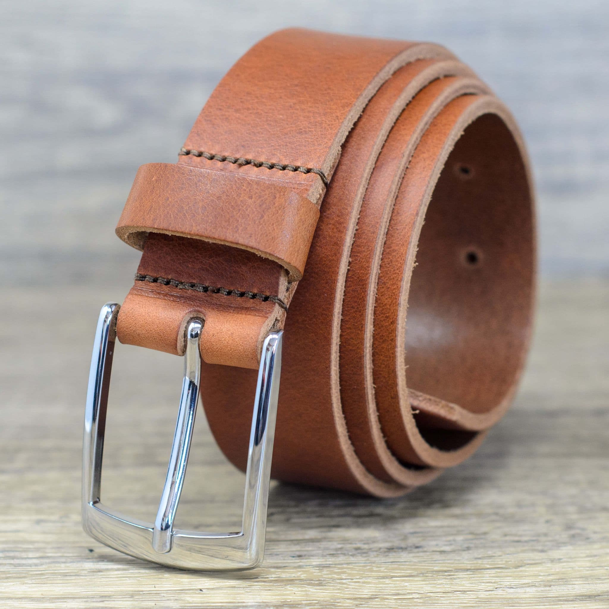 Italian 35mm Real Full Grain Leather Belt with Silver Buckle - Dark Tan ...